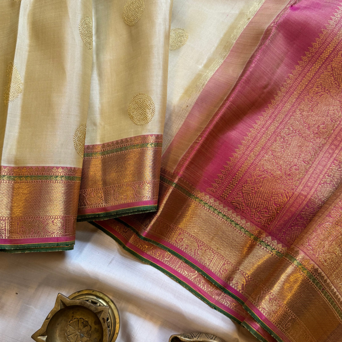 Preorder Tussar colour with pink border : kanjipuram silk ...