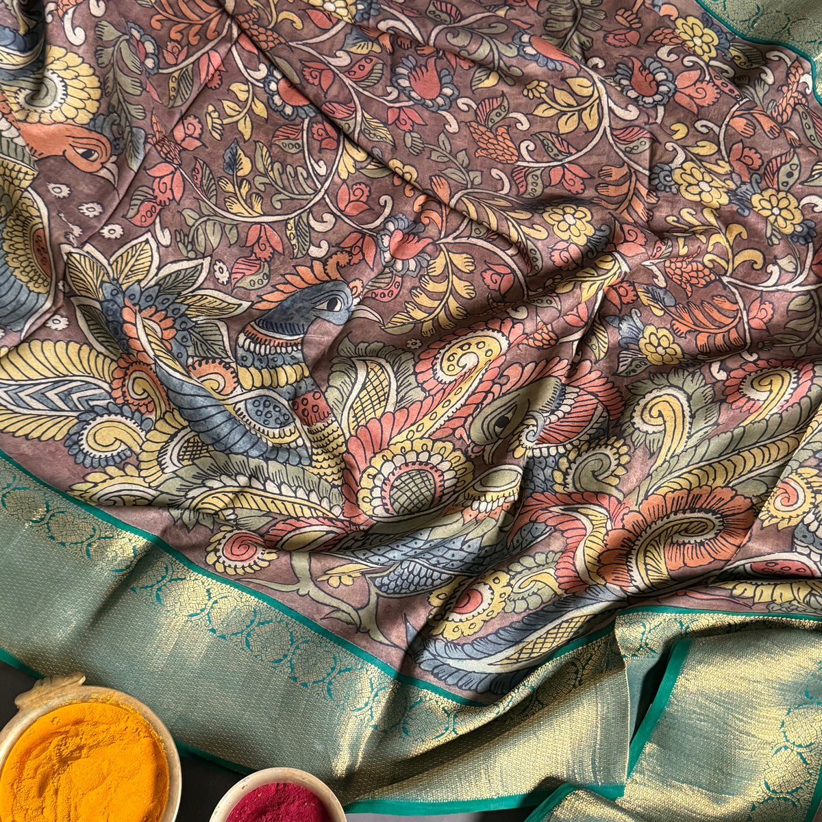 Shop Festive Hand-Painted Kalamkari Saree with Korvai border ...