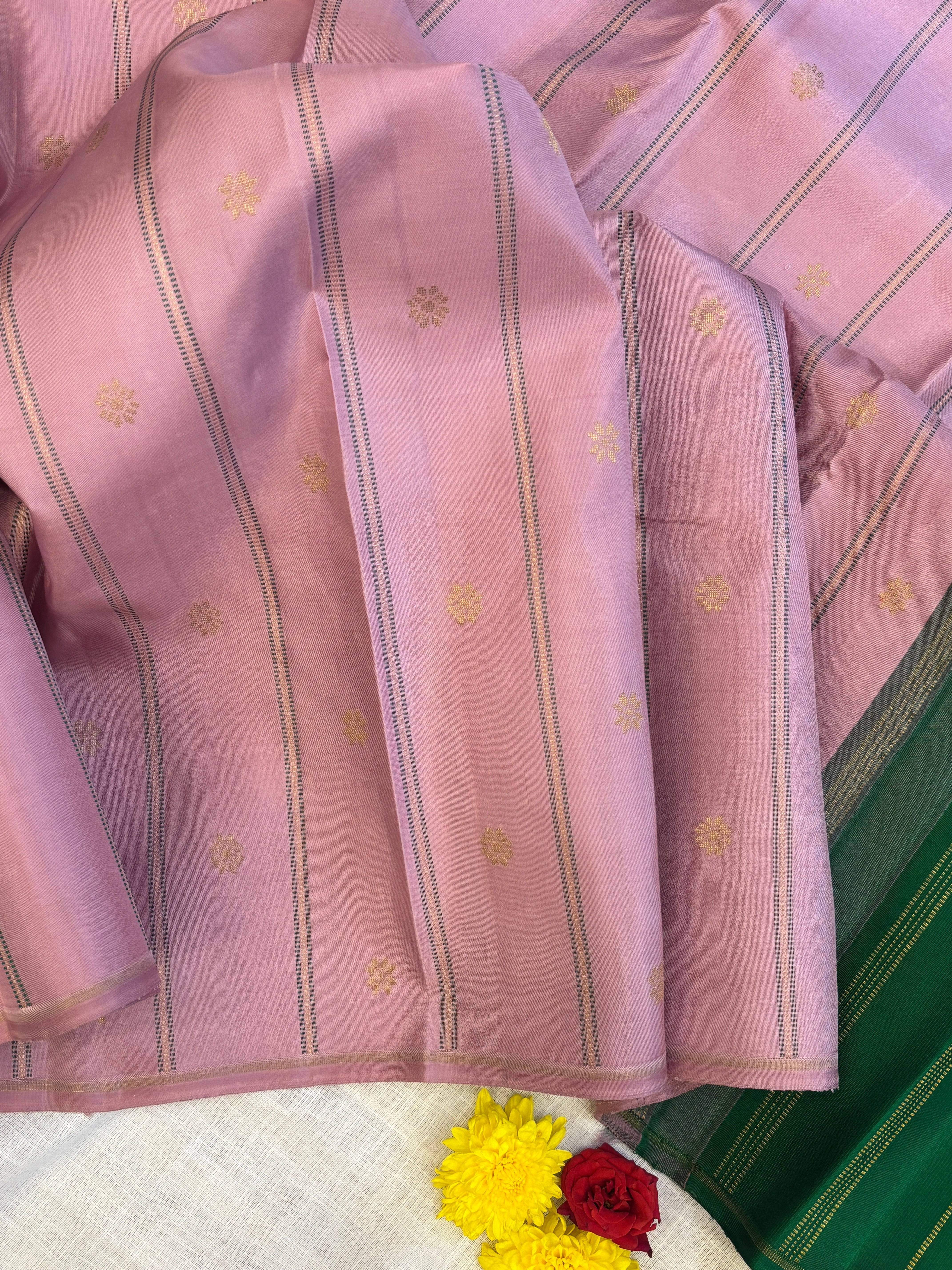 Lotus pink and green lines with butta borderless/ kanjipuram silk ...
